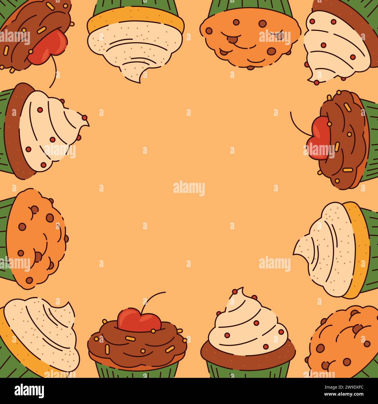 Square frame of cupcakes decorated with cream, cherry, chocolate drops ...