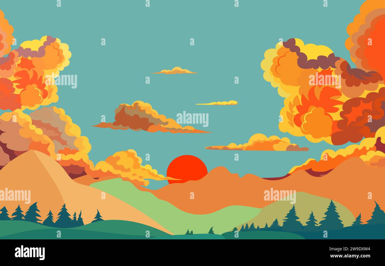 Fluffy cumulus clouds flying over the sea.Cartoon dawn sky with pink ...