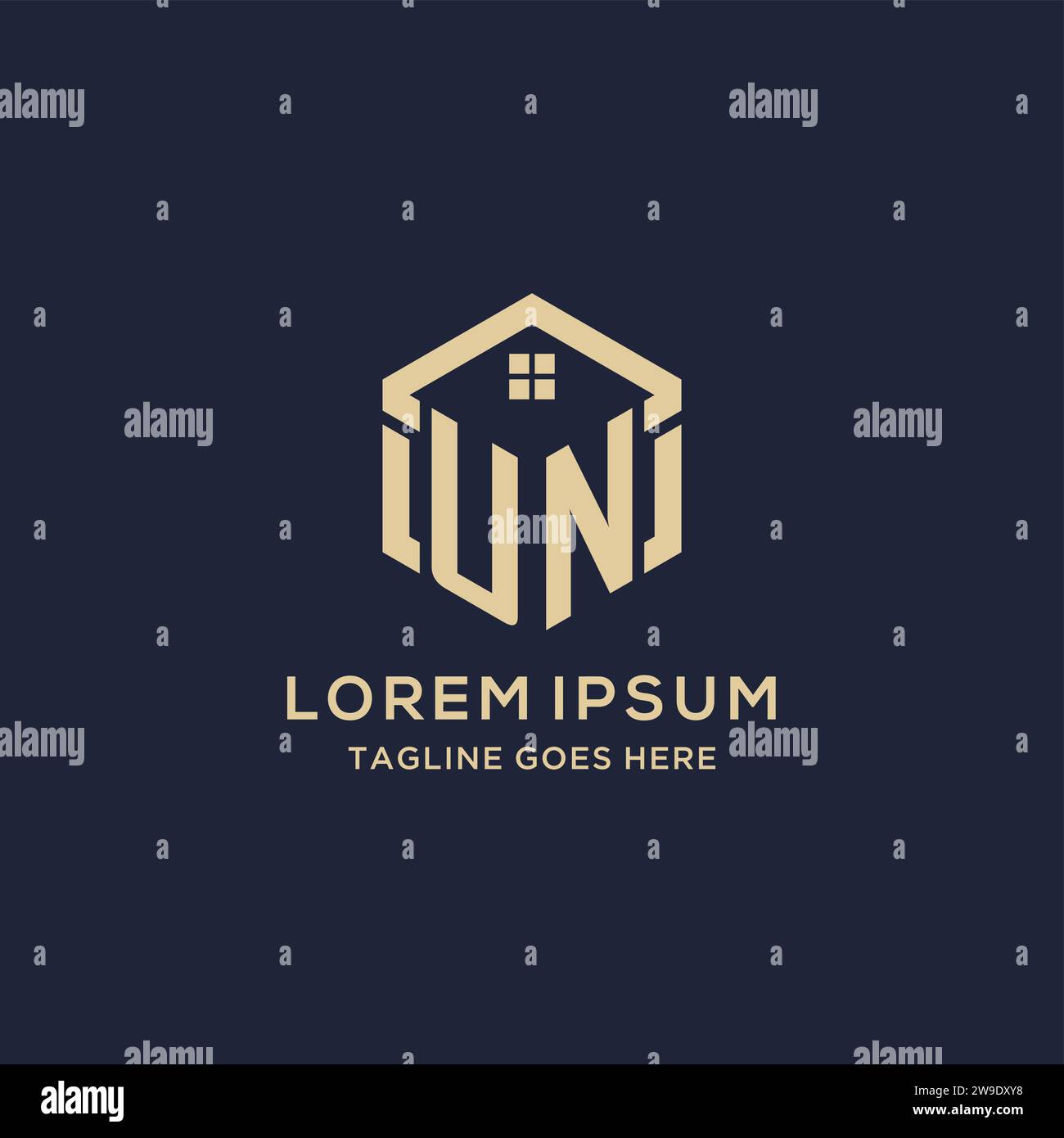 Initials UN logo with abstract home roof hexagon shape, simple and ...