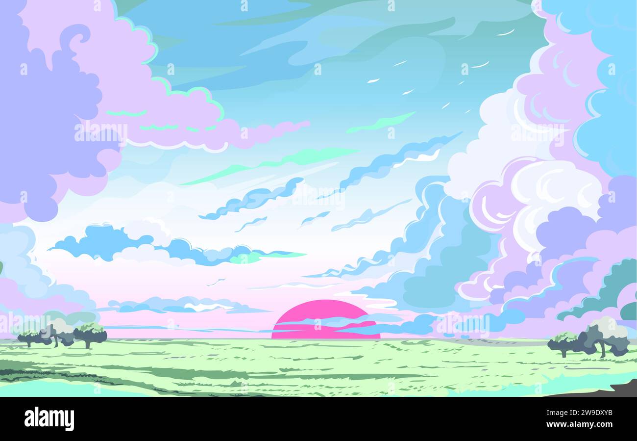 Fluffy cumulus clouds flying over the sea.Cartoon dawn sky with pink ...