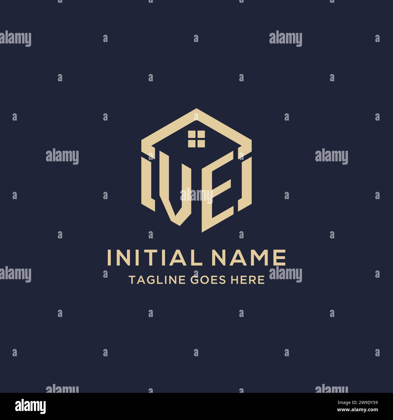 Initials VE logo with abstract home roof hexagon shape, simple and ...