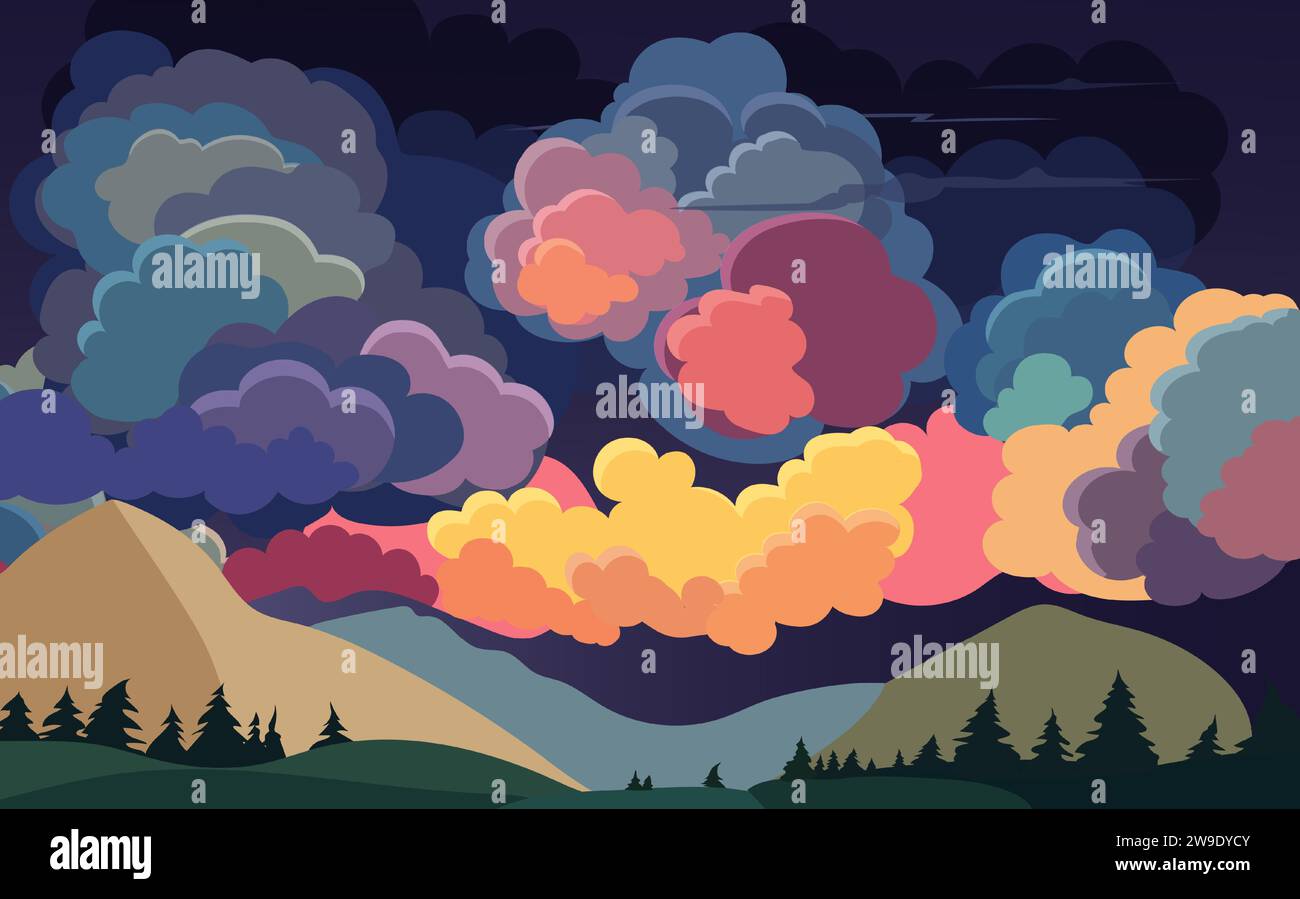 Fluffy cumulus clouds flying over the sea.Cartoon dawn sky with pink ...