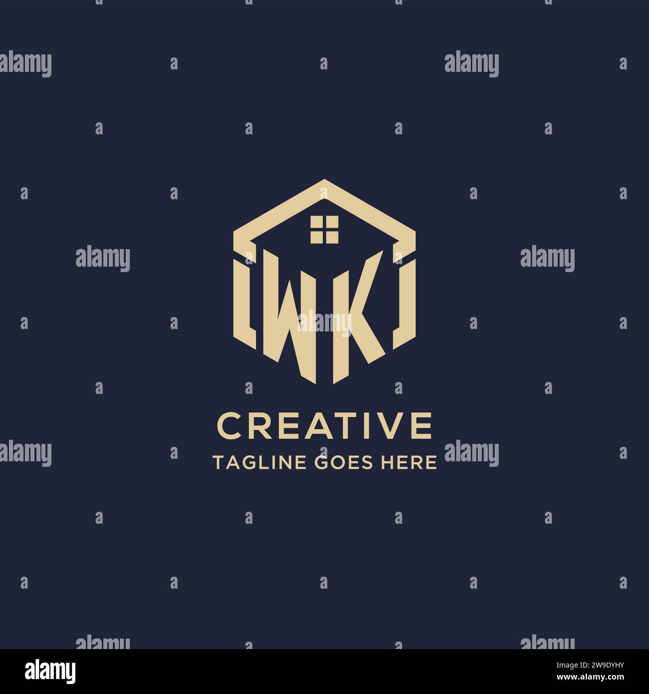 Initials WK logo with abstract home roof hexagon shape, simple and ...
