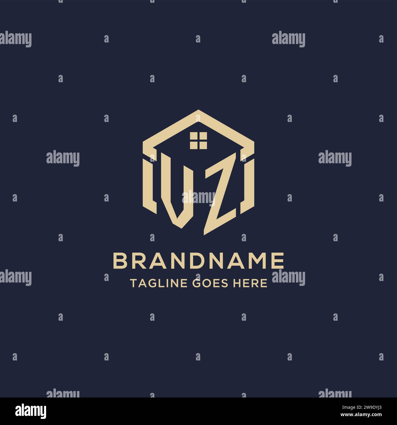 Initials VZ logo with abstract home roof hexagon shape, simple and ...