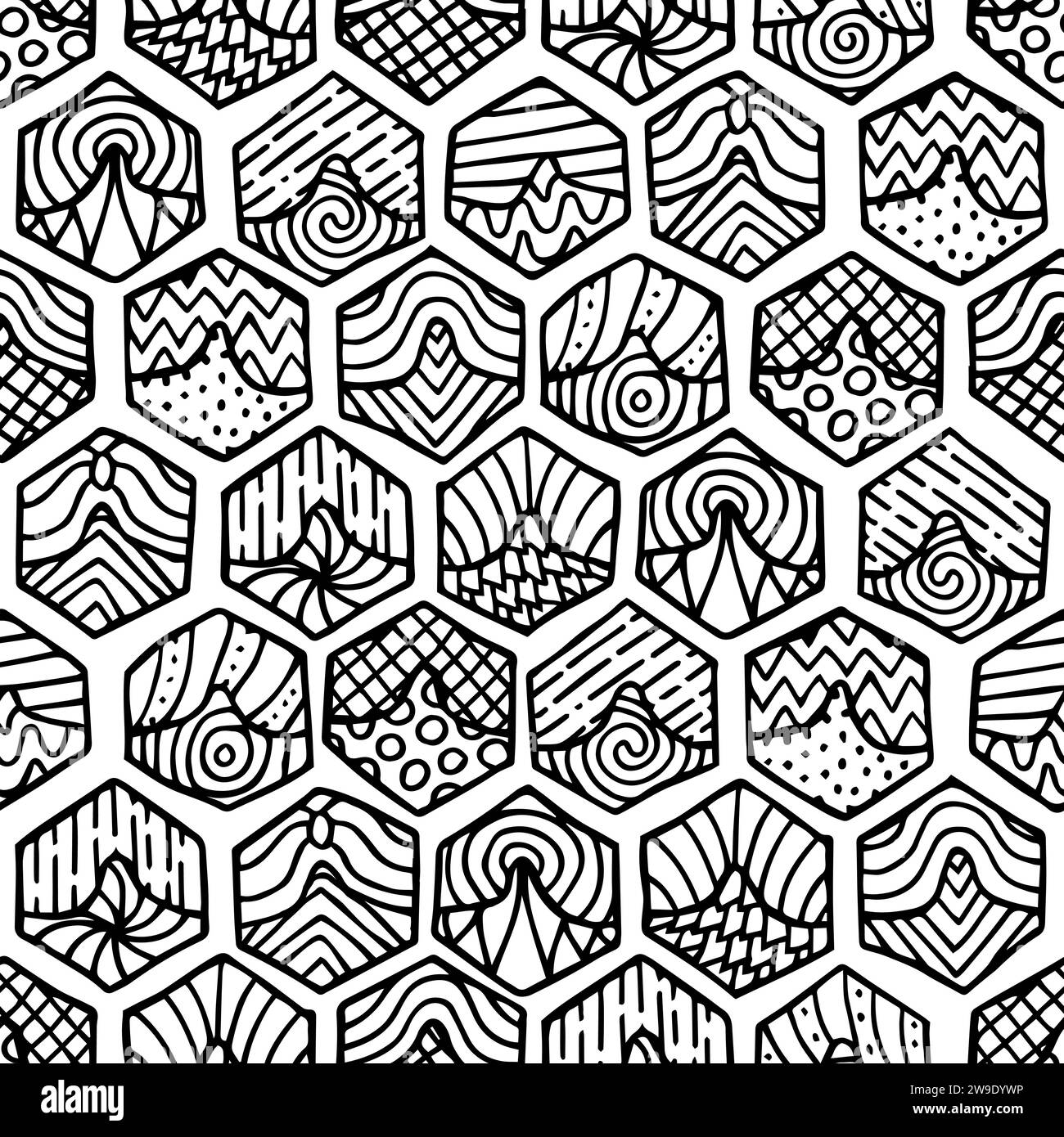 Hand drawn seamless pattern with doodle filled hexagons in mosaic order ...