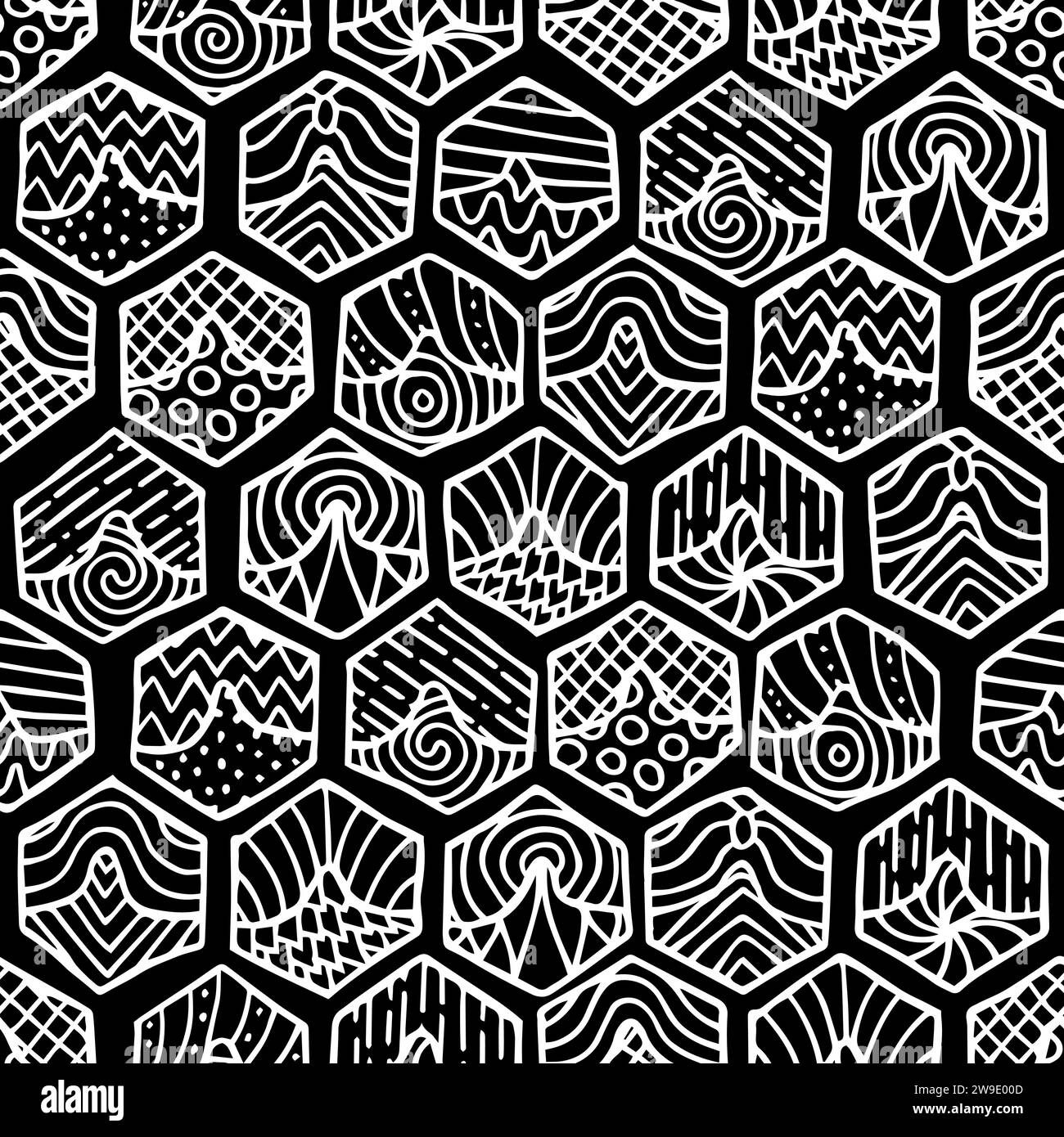 Hand drawn seamless pattern with doodle filled hexagons in mosaic order ...