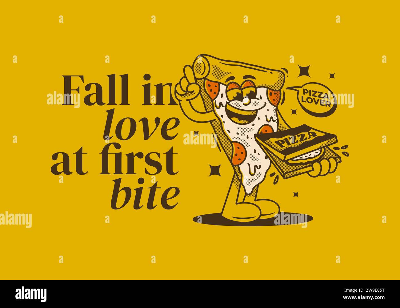 Fall in love at first bite. Mascot character of pizza holding a box ...