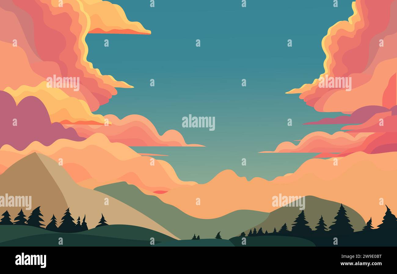 Fluffy cumulus clouds flying over the sea.Cartoon dawn sky with pink ...