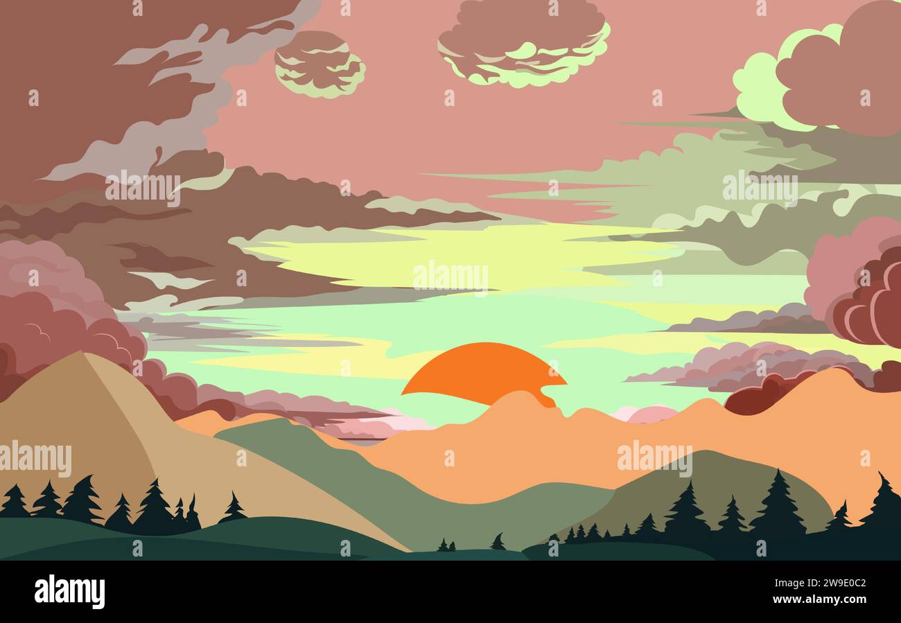 Fluffy cumulus clouds flying over the sea.Cartoon dawn sky with pink ...