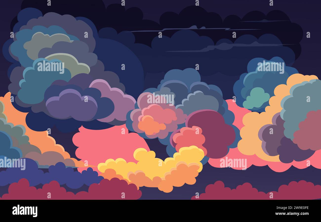 Fluffy cumulus clouds flying over the sea.Cartoon dawn sky with pink ...