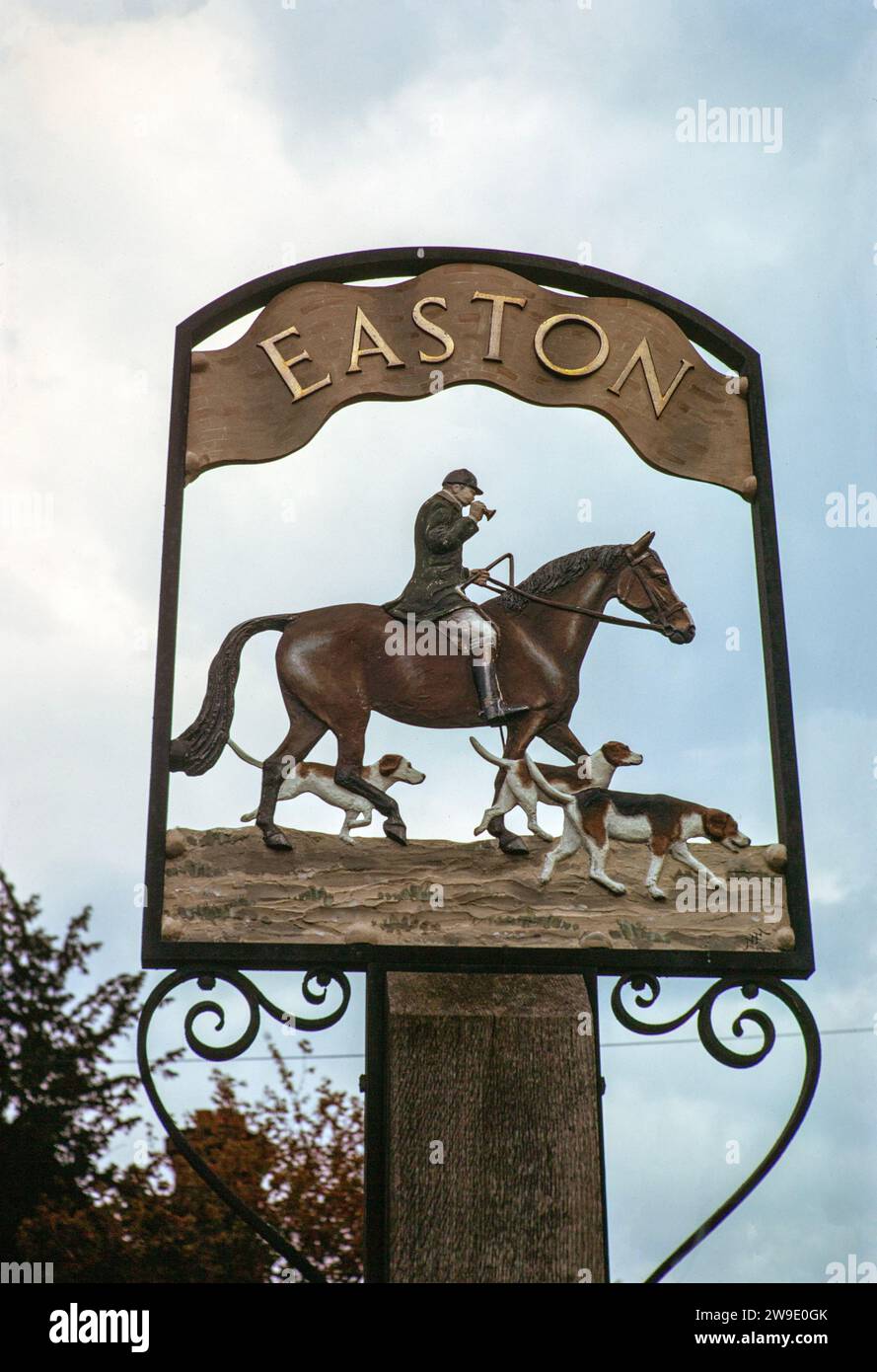 Village sign depicting horse and huntsman with hounds, for Easton ...