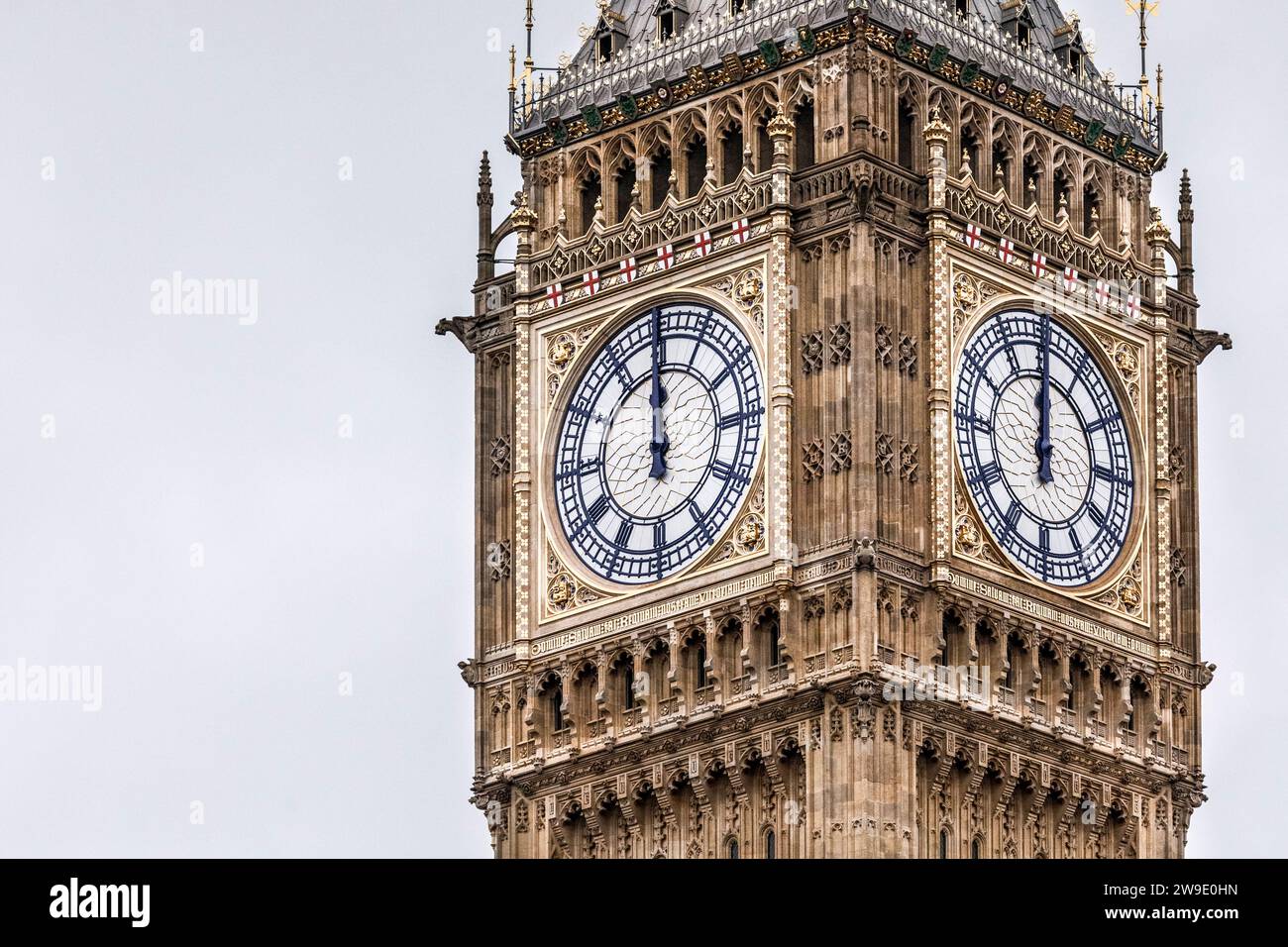 The iconic Great Clock face on Big Ben at 12 noon, the Elizabeth tower ...
