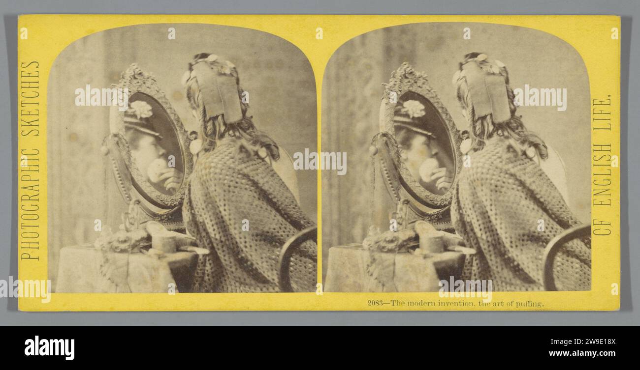 Woman powers her face in front of a mirror, 1857 - 1863 stereograph paper. cardboard albumen ...