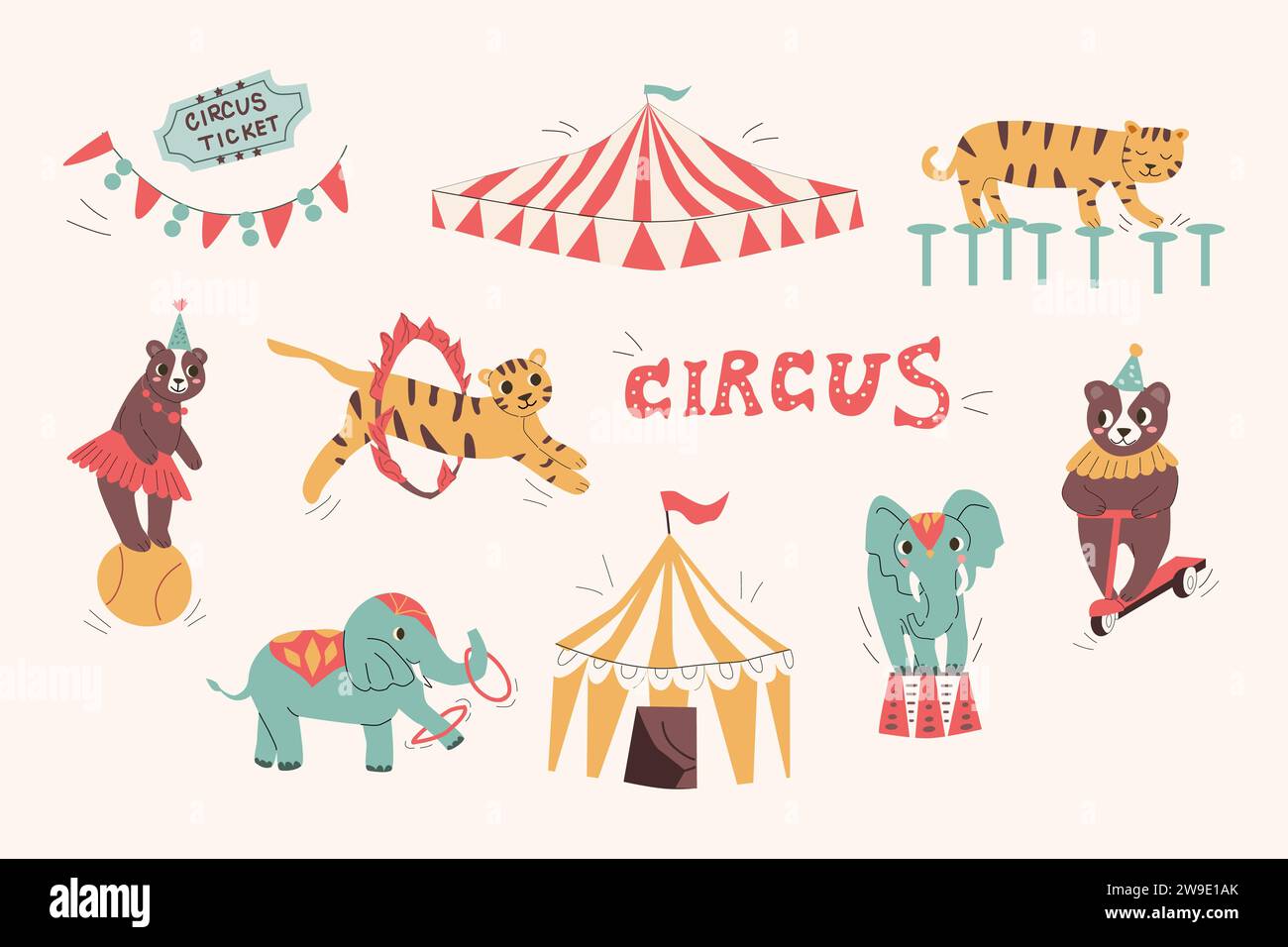 cute circus baby animals and tents - big set. Vector illustration with elephant with rings, on a ...