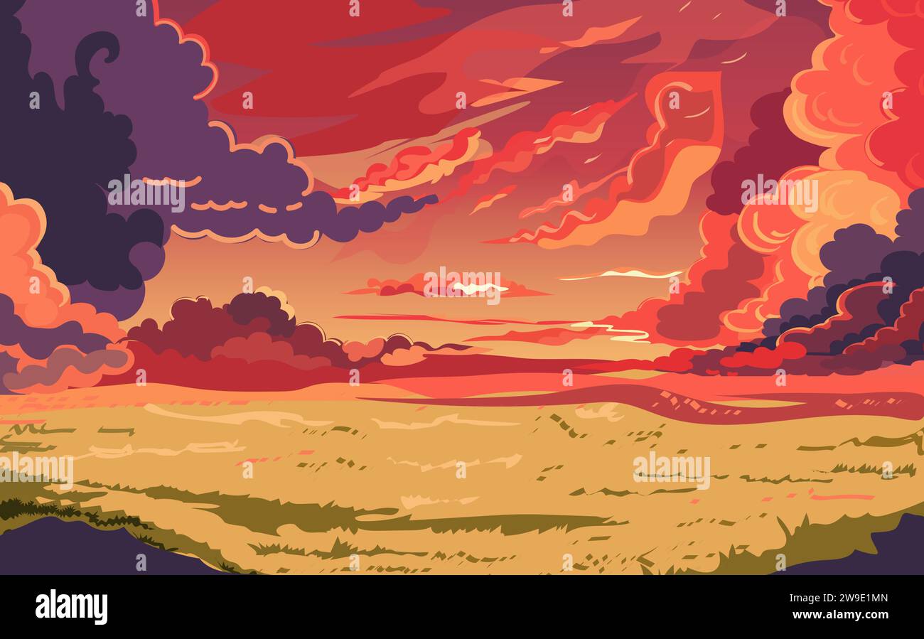 Fluffy cumulus clouds flying over the sea.Cartoon dawn sky with pink ...