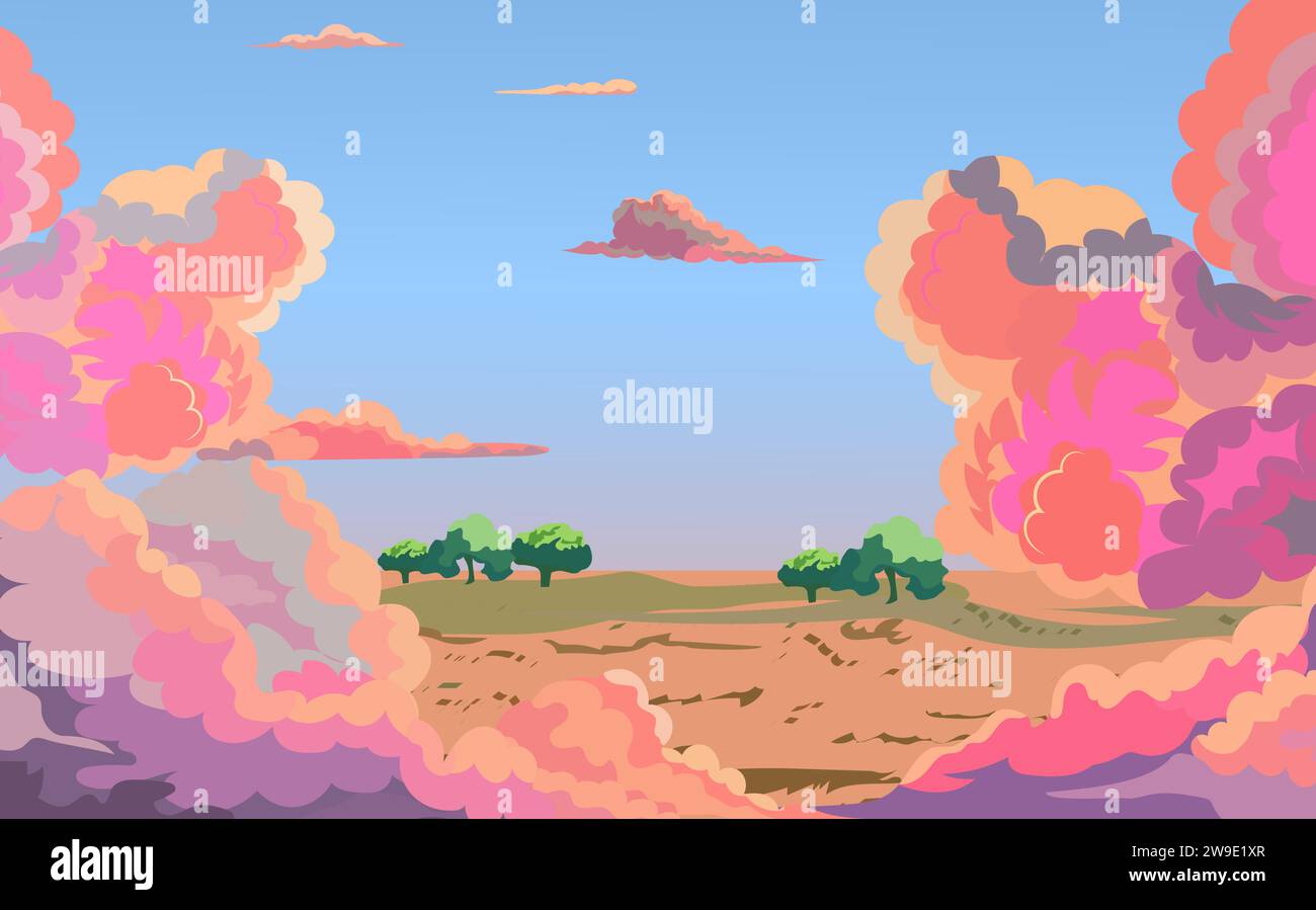 Fluffy cumulus clouds flying over the sea.Cartoon dawn sky with pink ...