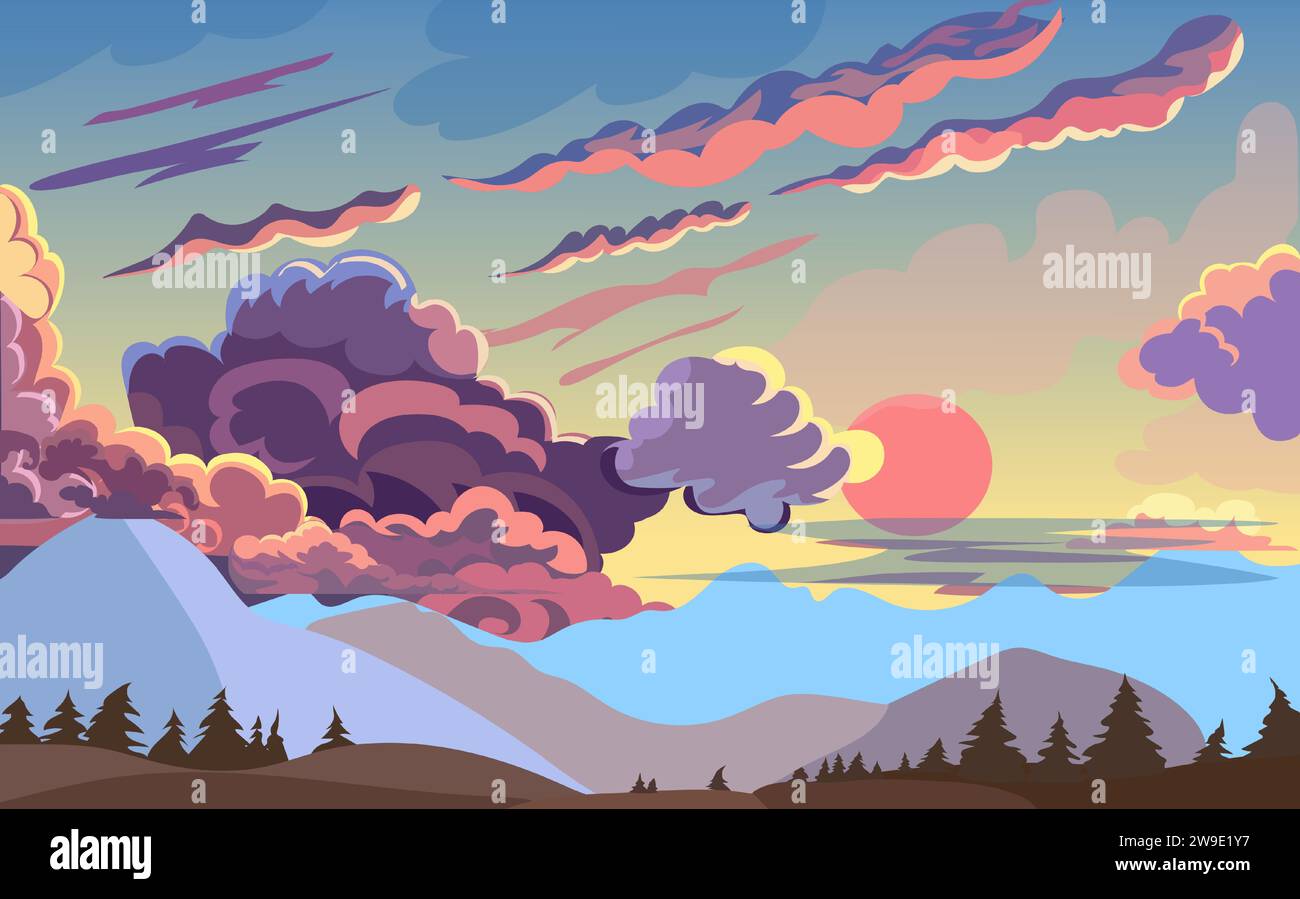 Fluffy cumulus clouds flying over the sea.Cartoon dawn sky with pink ...