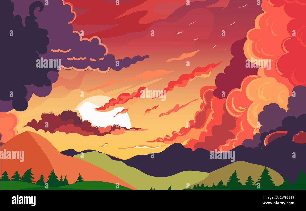 Fluffy cumulus clouds flying over the sea.Cartoon dawn sky with pink ...