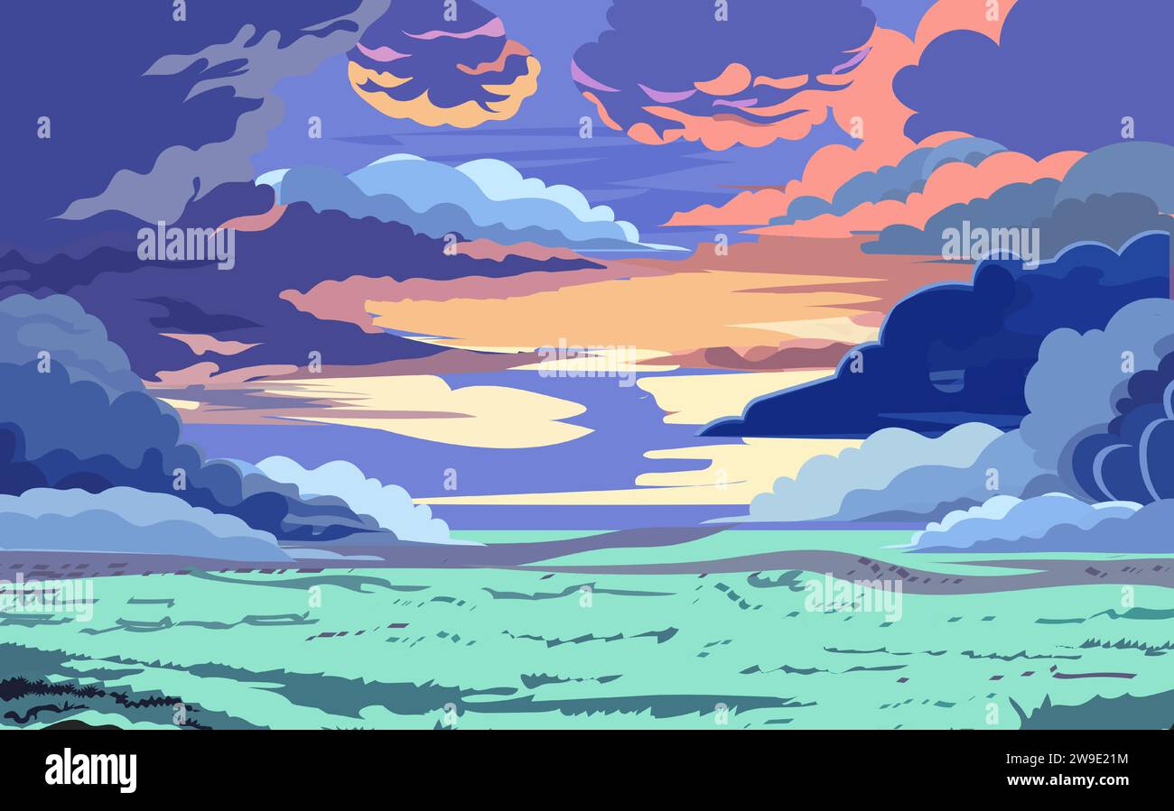 Fluffy cumulus clouds flying over the sea.Cartoon dawn sky with pink ...