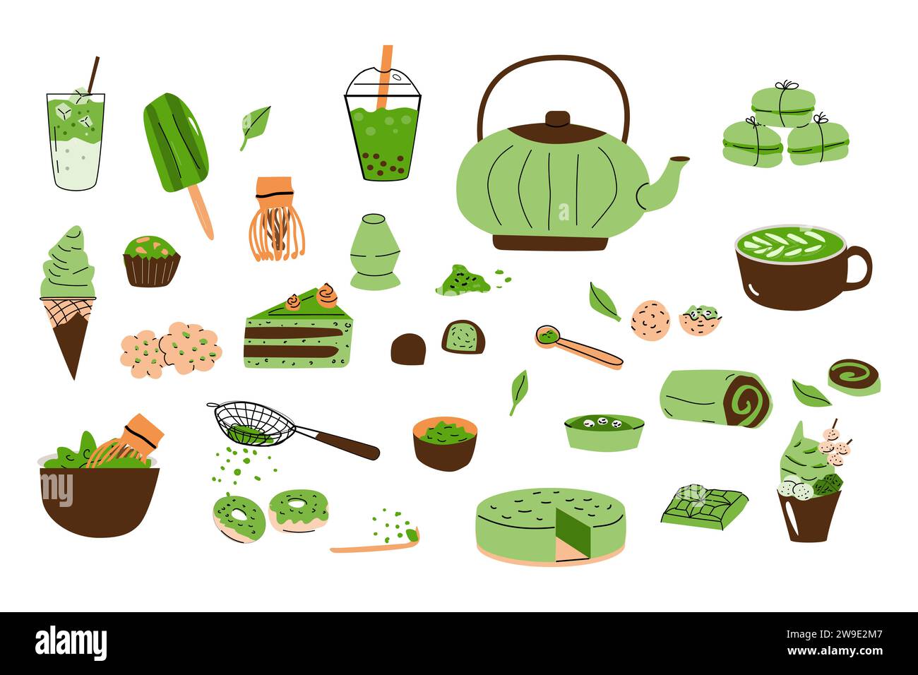 Cartoon matcha tea set of matcha powder, sweets, teapot, kitchen ...