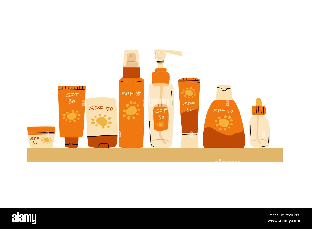 set of cosmetics for sun protection and sunburn on the shelf. Vector ...