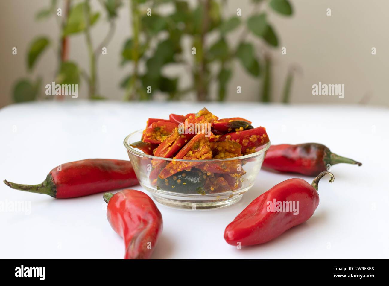 red chili pickle in transparent glass bowl - marinated with Fenugreek ...