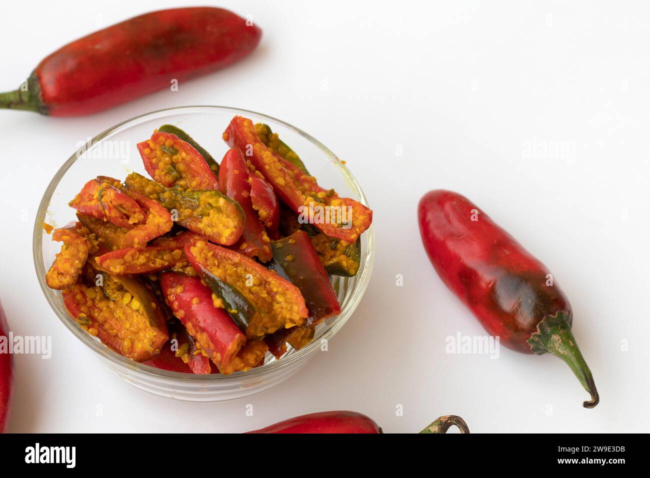 red chili pickle in transparent glass bowl - marinated with Fenugreek ...