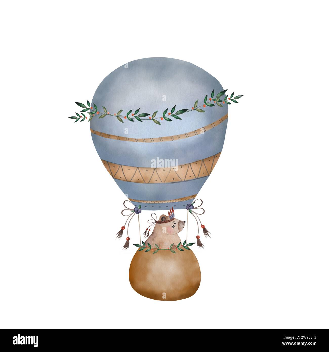 Watercolor blue boho balloon with basket and bear. Hand painted ...