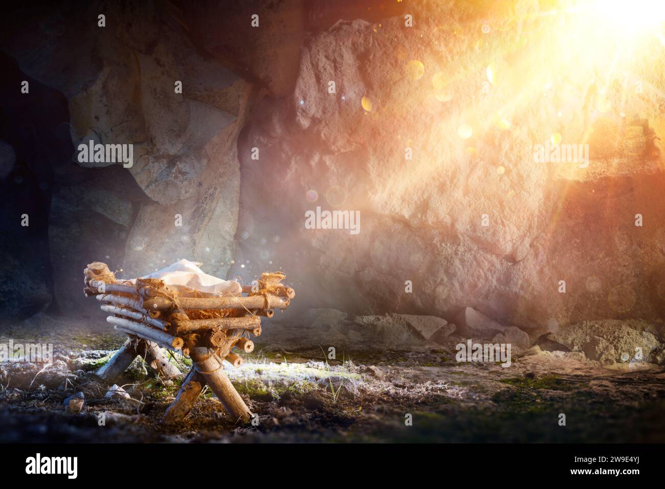 Nativity - Waiting Birth Of Jesus Christ With Manger In Cave With Holy ...