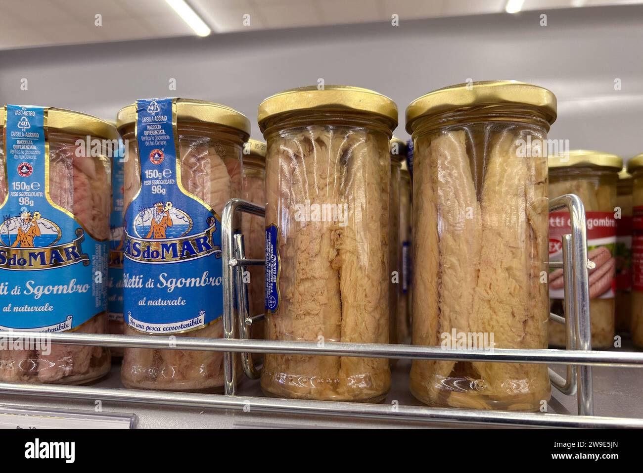 Italy - Dec. 24, 2023: Fish mackerel fillets in glass jars branded AS ...