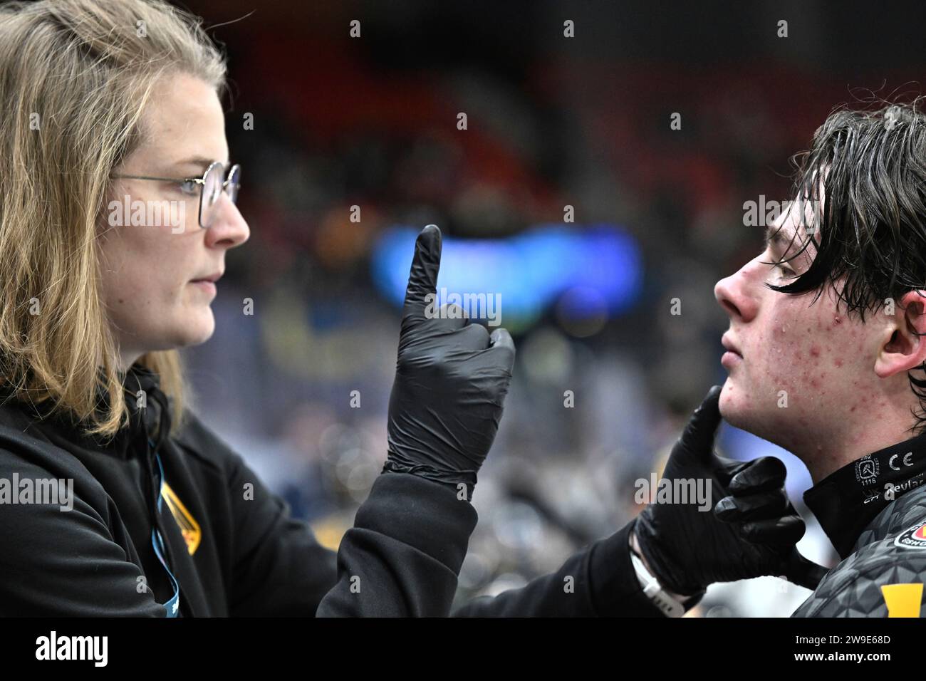 Germany's Luca Hauf is examined by a doctor after an injury during the ...