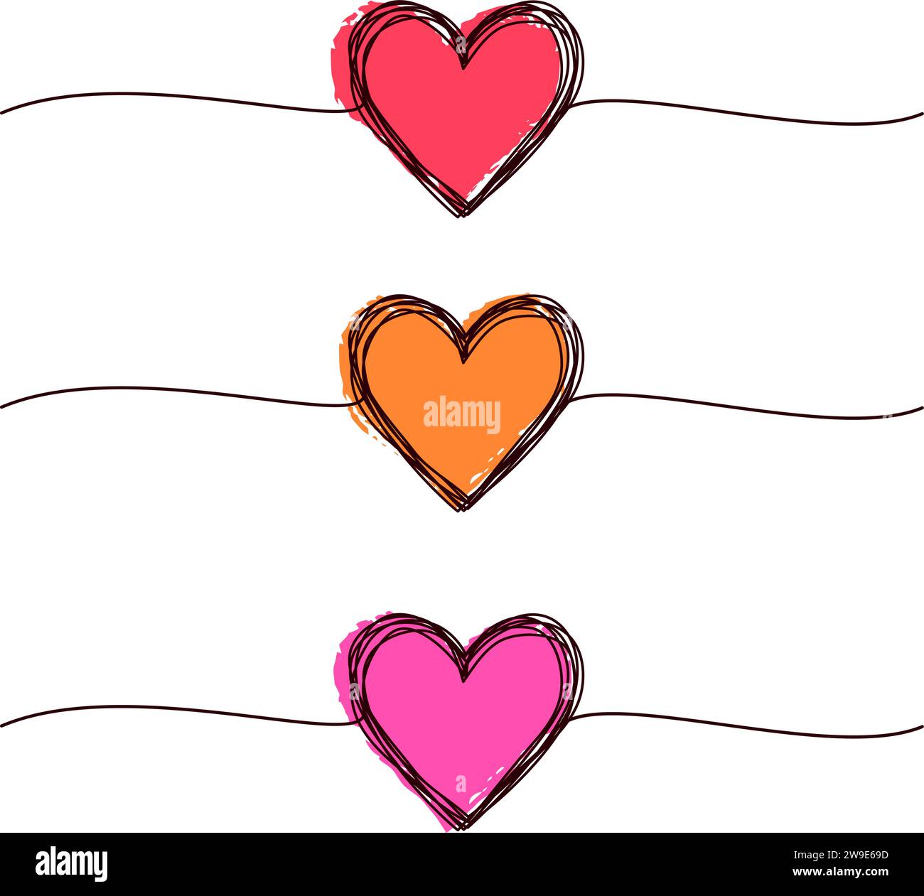 Tangled grungy hearts scribble set hand drawn with thin line and red ...