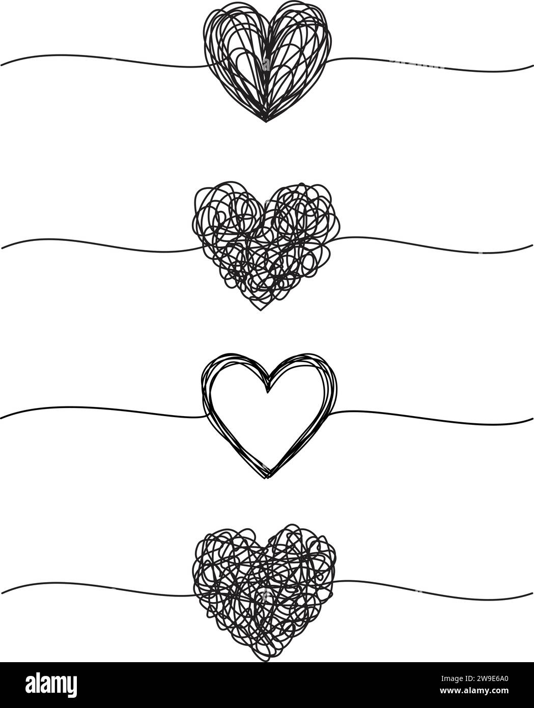 Set of four tangled grungy heart scribbles hand drawn with thin line, divider shape. Isolated on ...