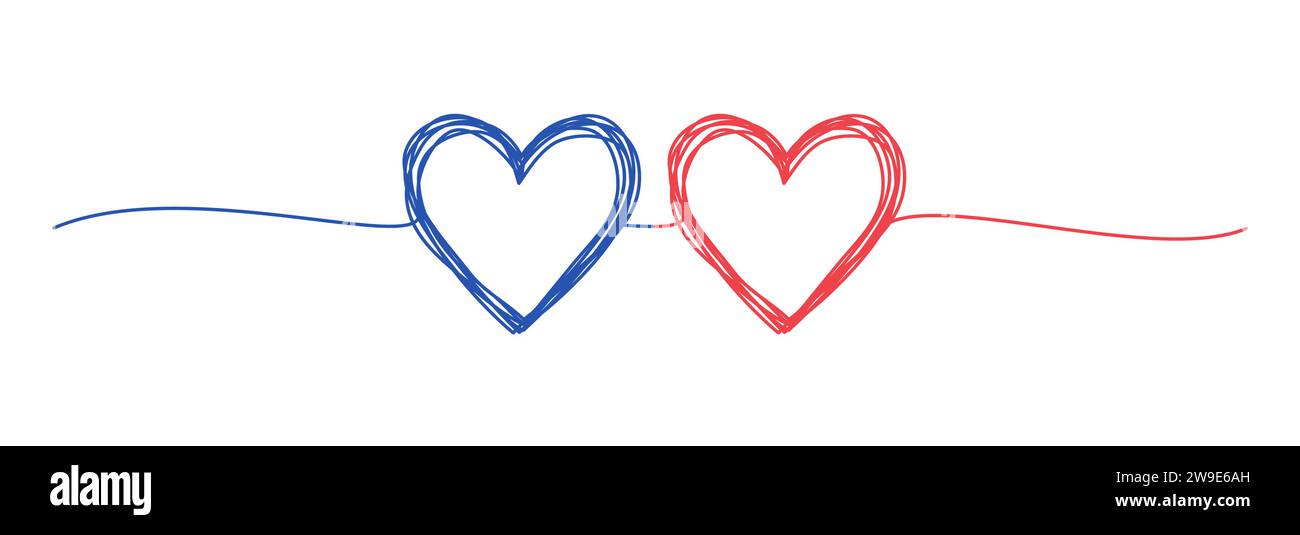 Two tangled hearts pink and blue hand drawn scribble with thin line ...