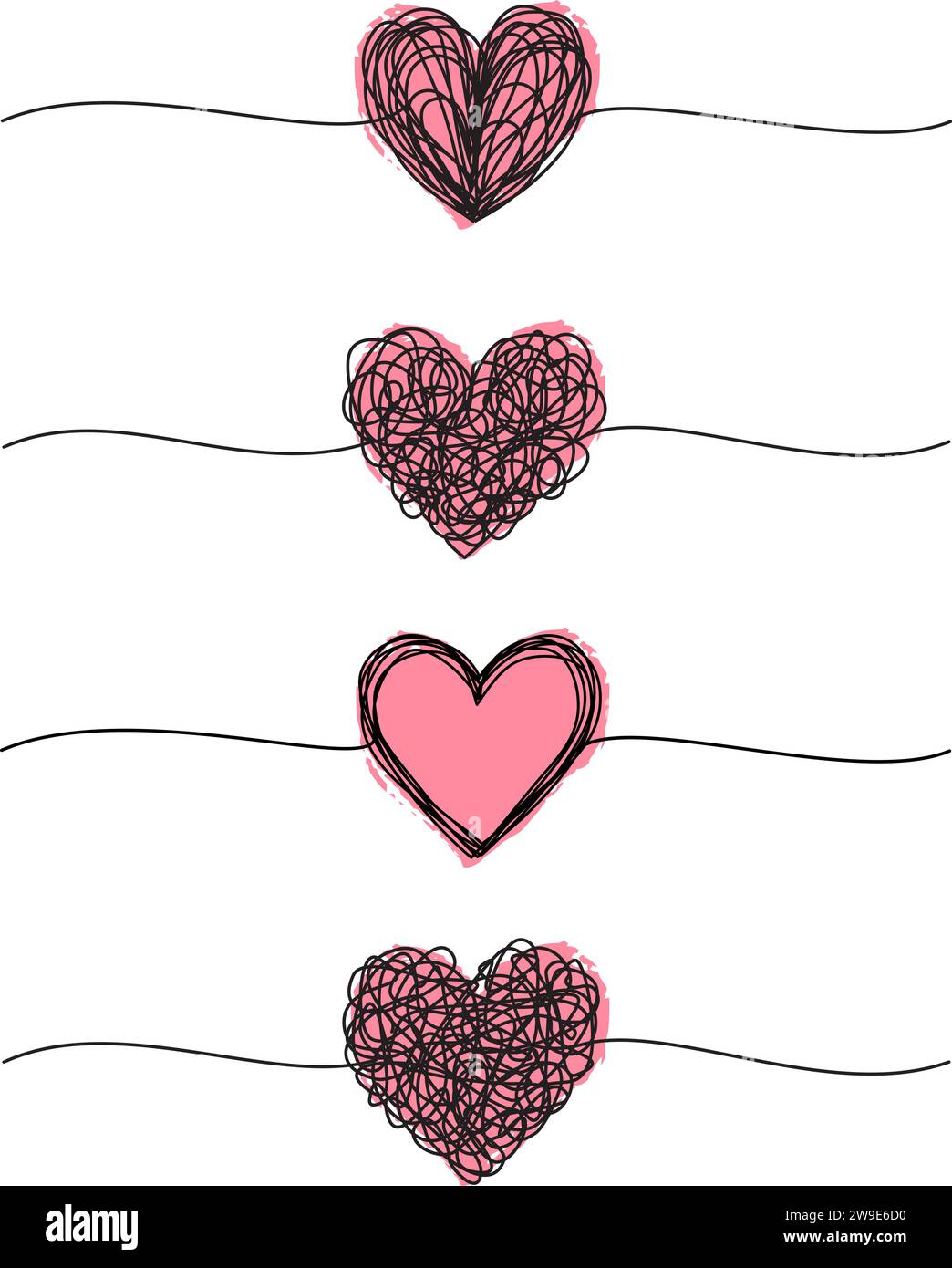 Banner with tangled grungy heart scribbles set hand drawn with thin ...