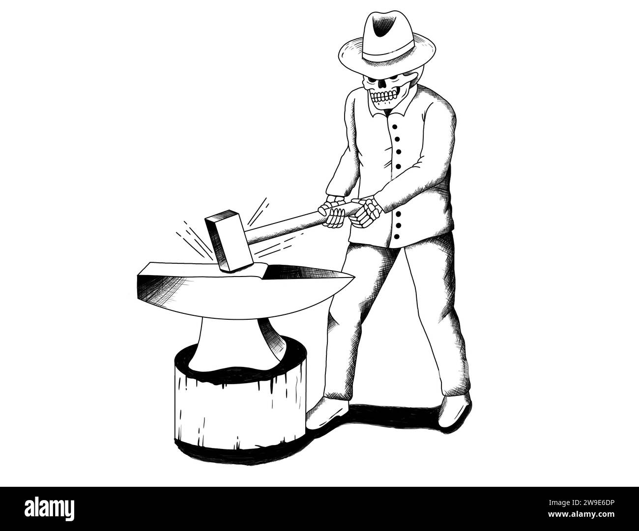 Doodle skeleton blacksmith working with anvil Stock Photo - Alamy