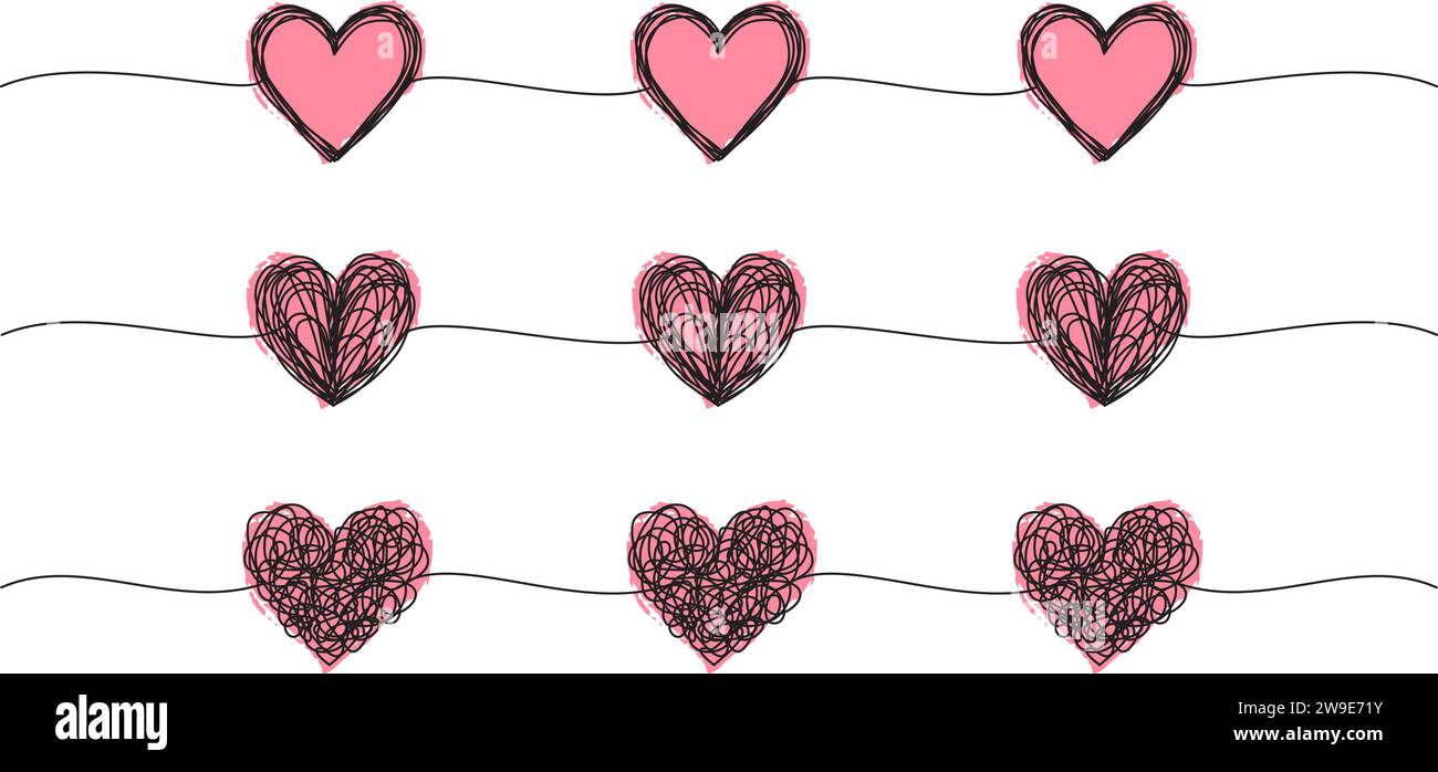 Banner with tangled grungy heart scribbles set hand drawn with thin line and red ink hearts ...
