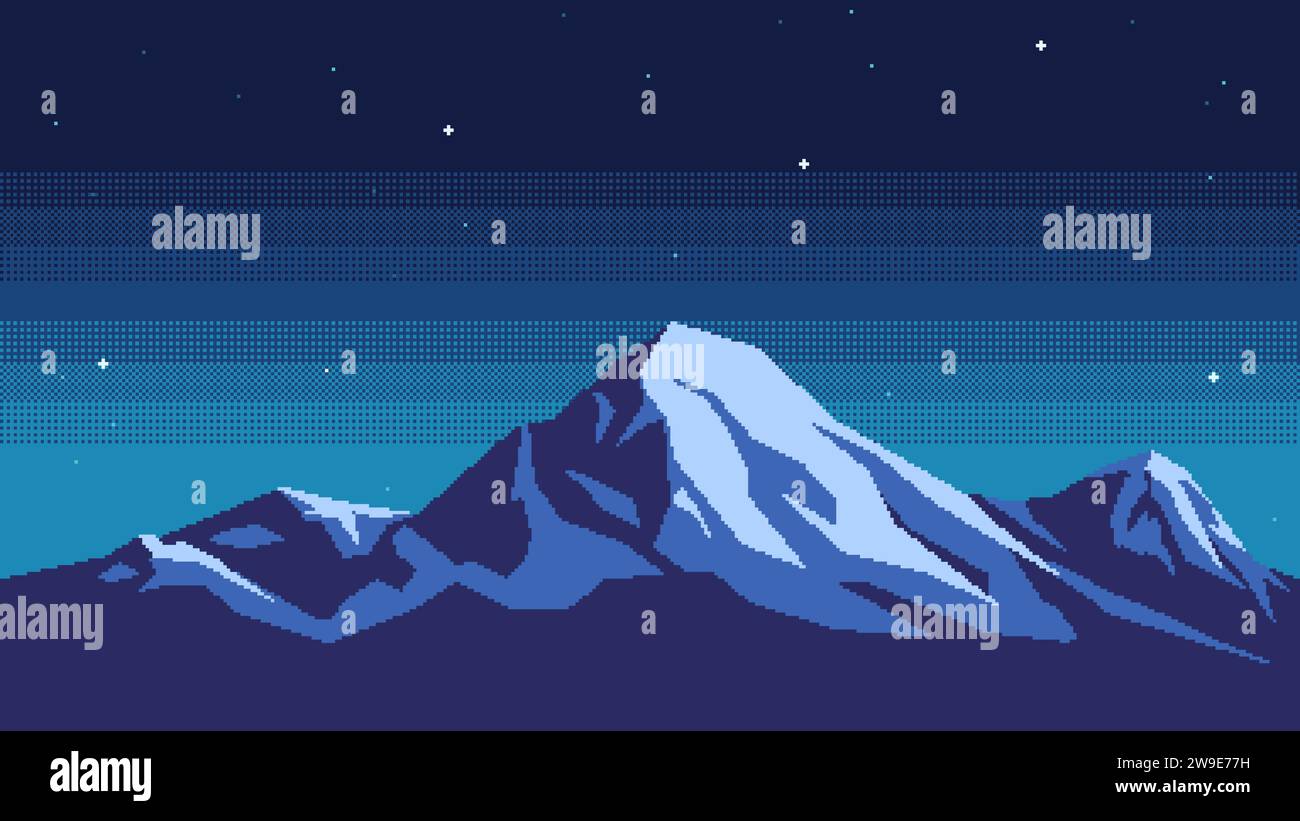 Pixel art mountain background at night. Seamless landscape backdrop of snow-capped peaks and sky ...