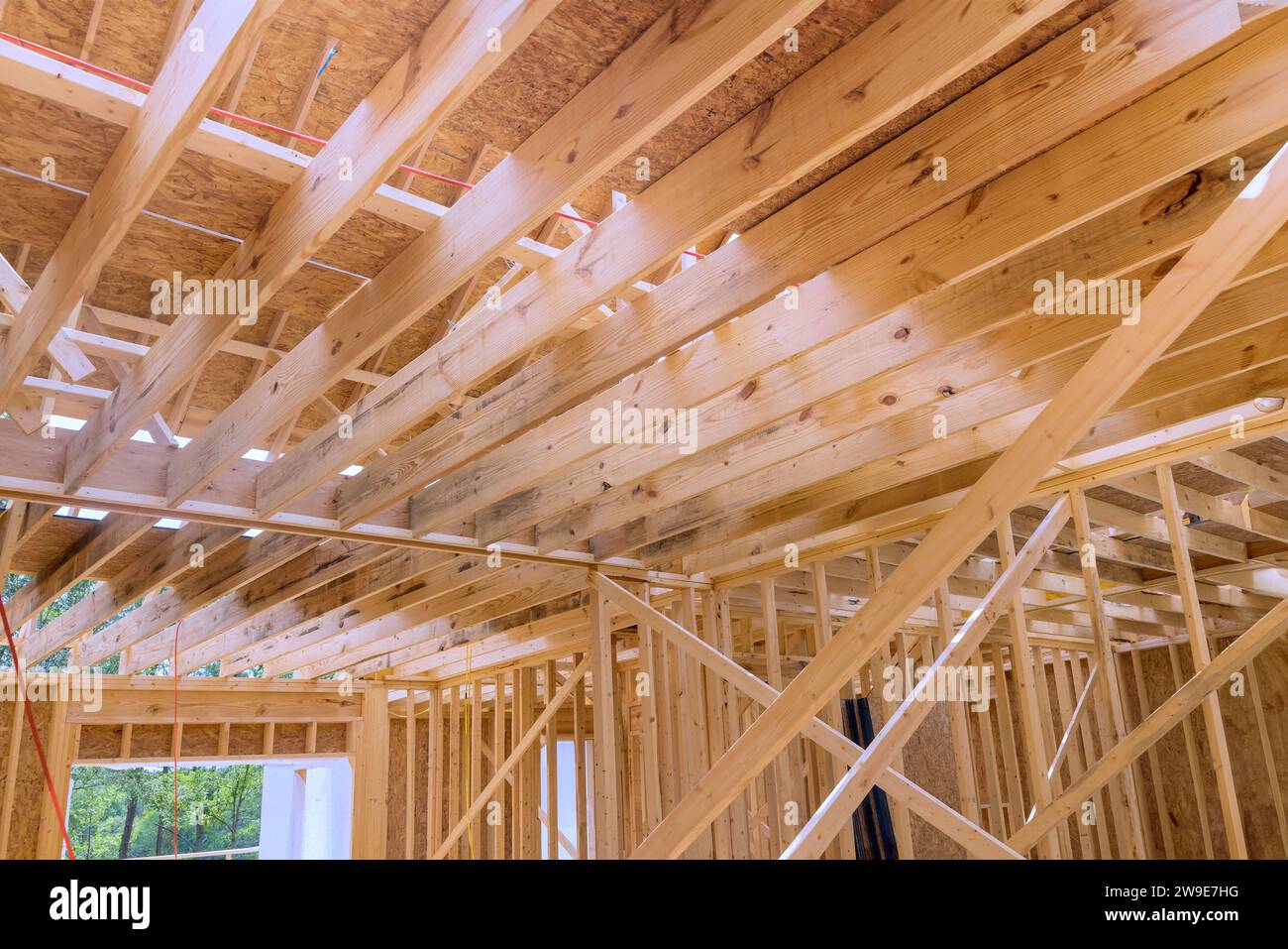 During construction of new unfinished residential home, wood framing ...