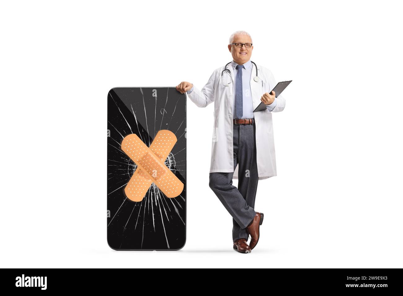 Doctor with a broken smartphone and bandage on a cracked screen ...