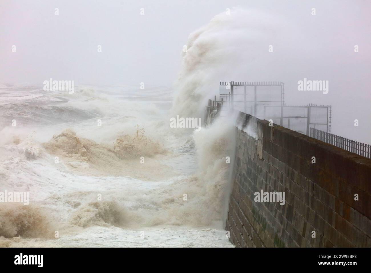Huge Waves battering a sea defence wall during a storm at Hartlepool ...