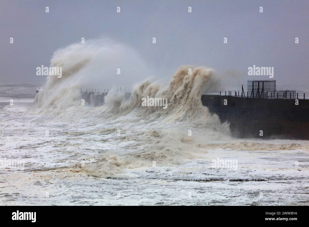 Huge Waves battering a sea defence wall during a storm at Hartlepool ...