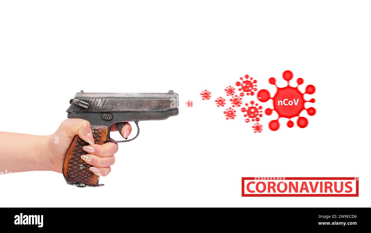 The gun shoots bacteria on a white background. The concept of the ...