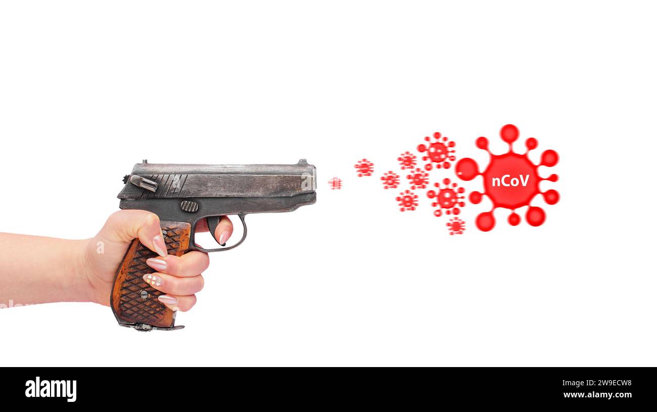 Gun shoots bacteria 2019-nCoV on white background. Concept of the ...
