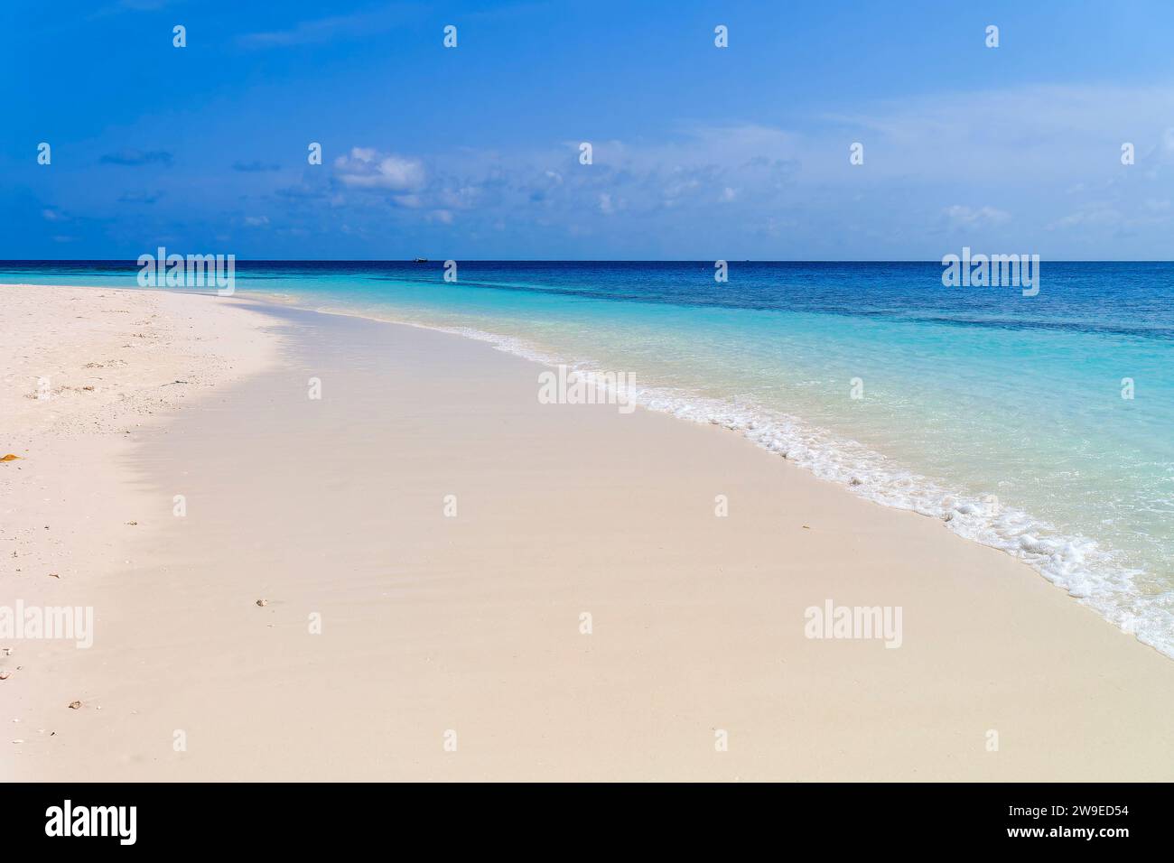 Wide sandy beach with smooth wave in front of blue ocean, Maldives ...
