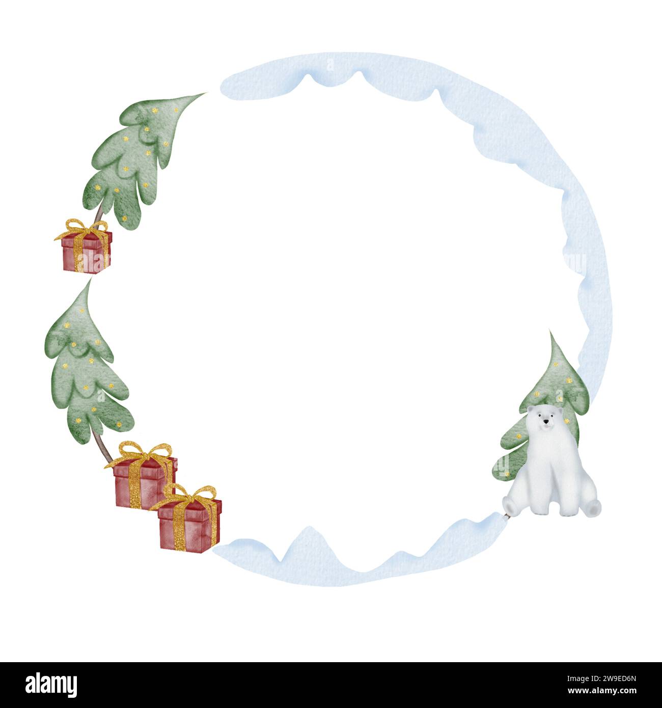 Watercolor round frame winter fairy tale with polar bear, fir trees and ...
