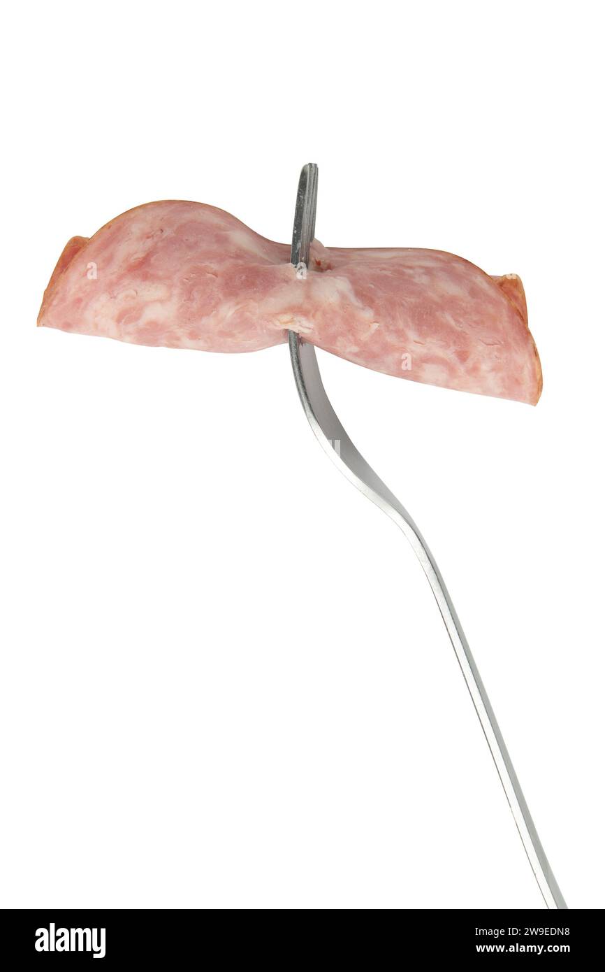 piece of appetizing smoked bacon on fork isolated on white background ...