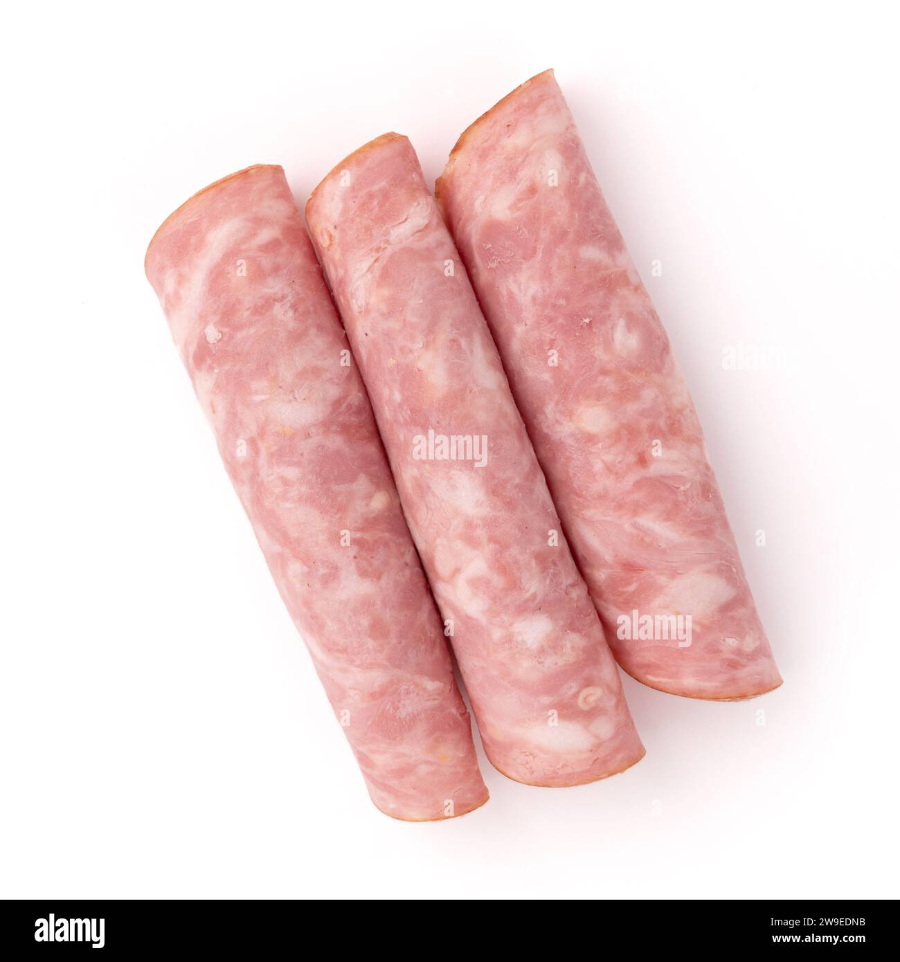 folded ham slices isolated on white background, three pieces of sliced ...