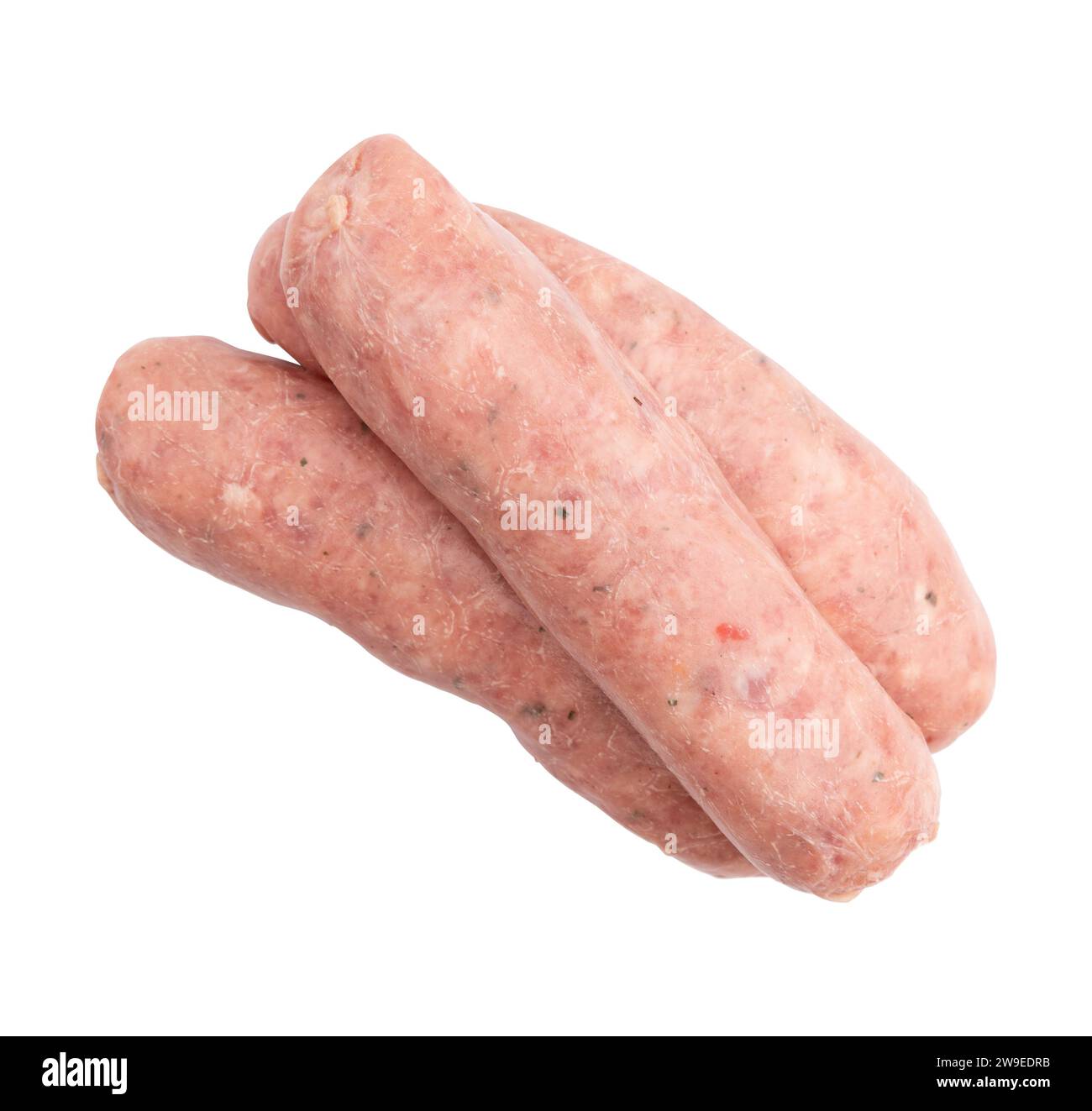 three uncooked pork sausages isolated on white background with clipping ...