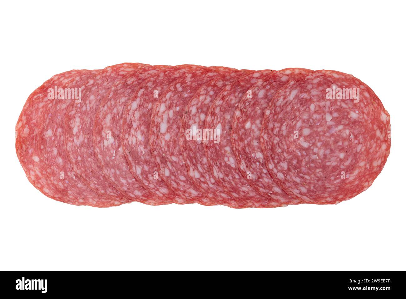 pieces of sliced salami sausage laid out to create layout, salami sausage slices isolated on ...
